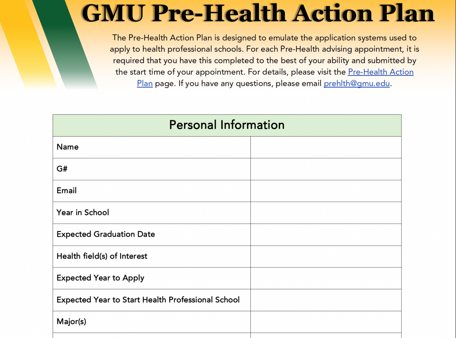 Pre-Health Action Plan – Health Professions Advising